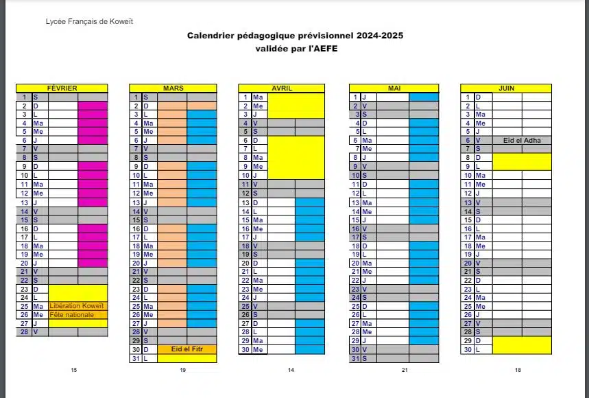Calendrier et procédures du Lycée Français de Koweït
